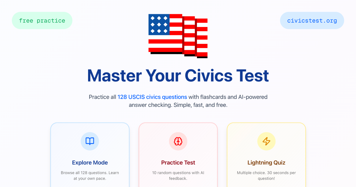 Examen de civismo de EE. UU. — Práctica de ciudadanía USCIS (128 preguntas)